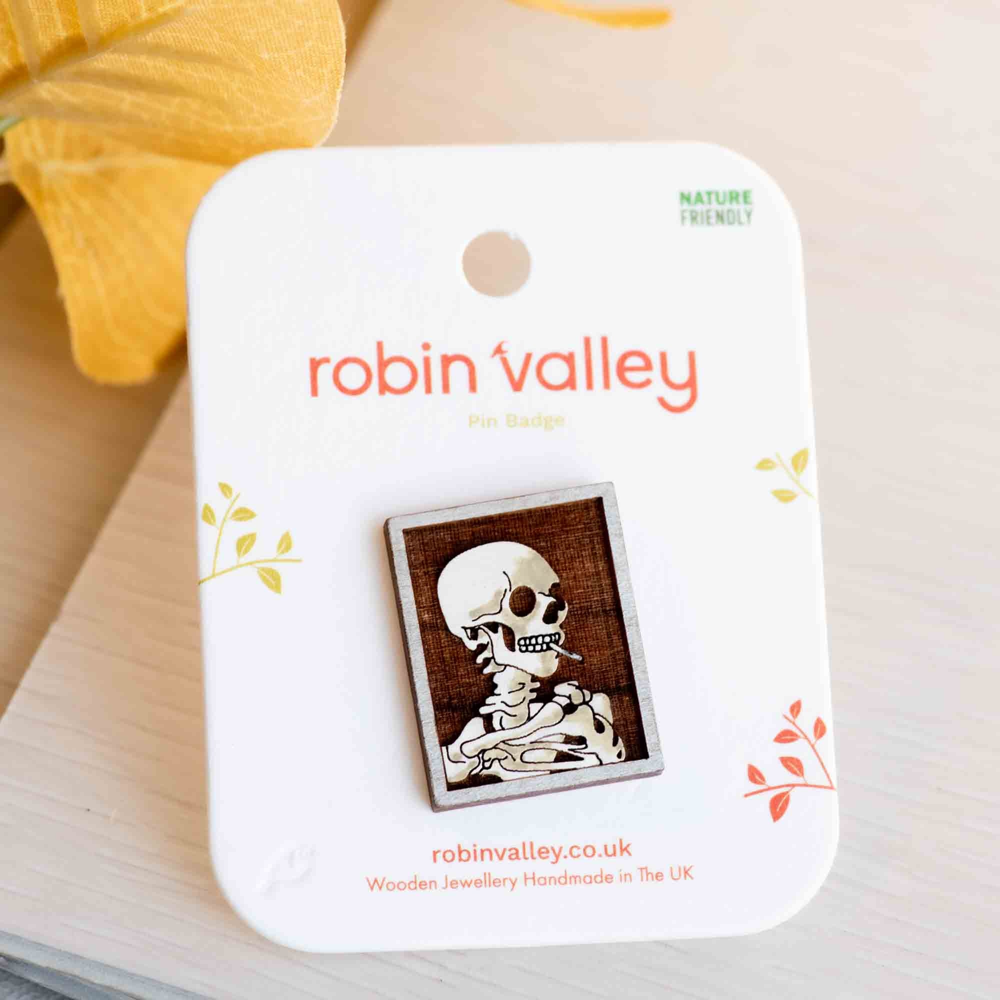 Hand-painted Skull of a Skeleton with Burning Cigarette Wooden Pin Bad ...