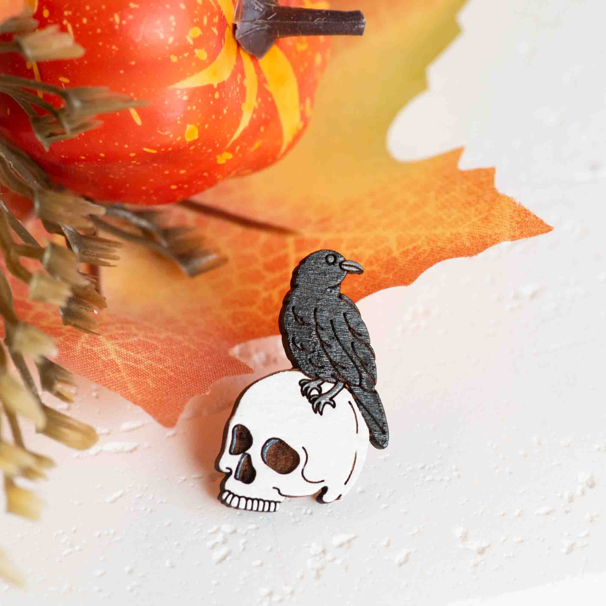 Hand-painted Raven and Skull Wooden Pin Badge - PT45282 – Robin Valley ...