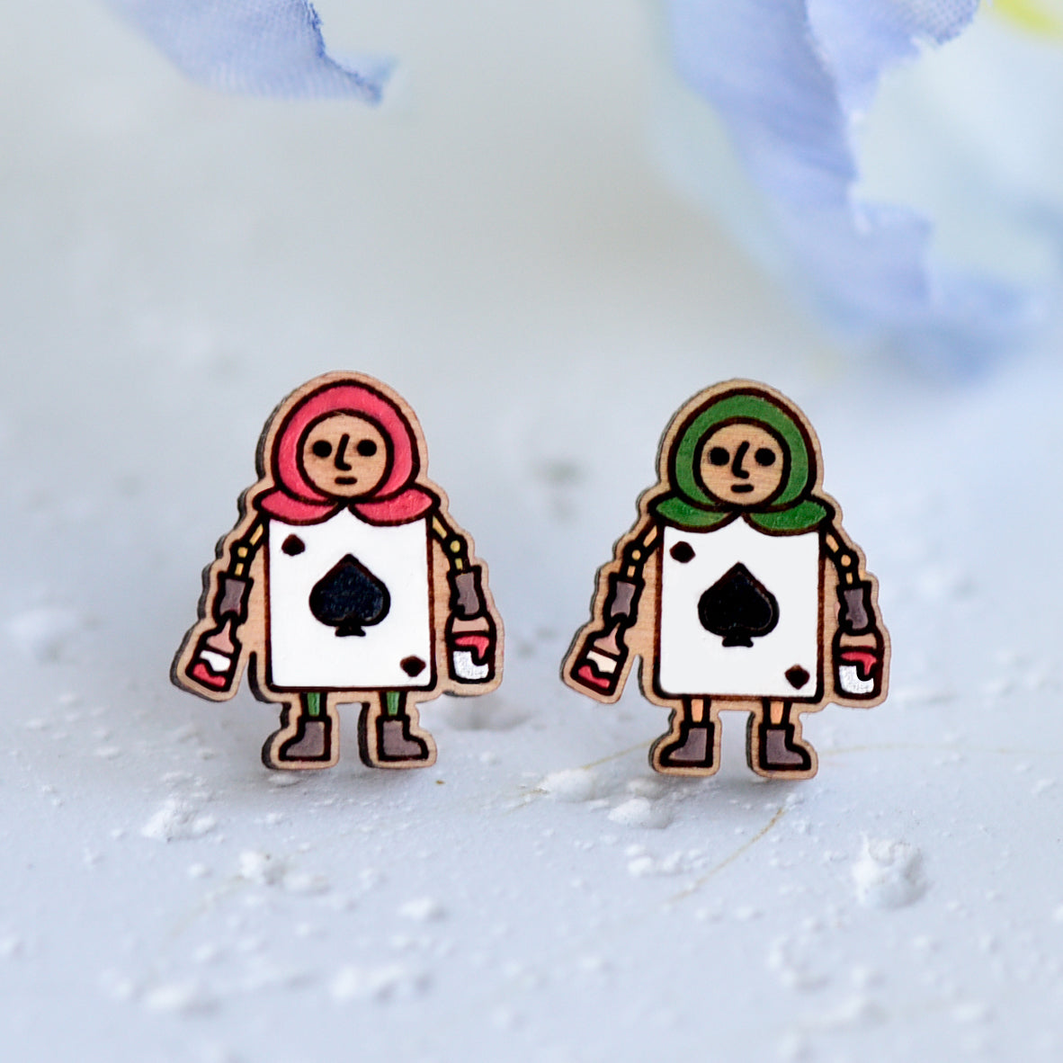Hand-painted Alice In Wonderland the Two of Spades Stud Wooden Earring ...