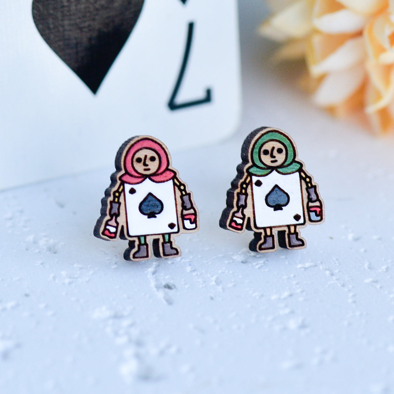 Hand-painted Alice In Wonderland the Two of Spades Stud Wooden Earring ...