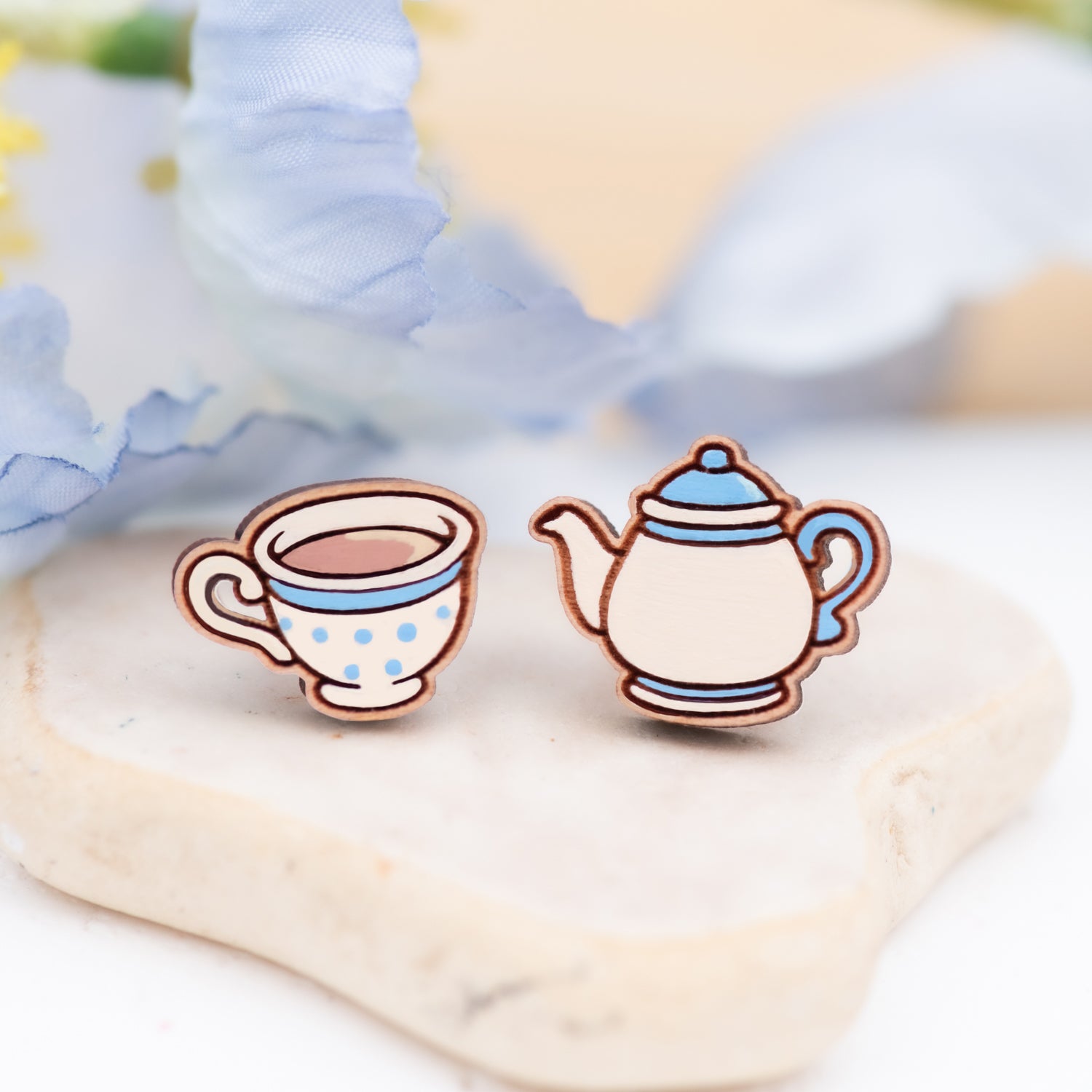 Hand-painted Alice In Wonderland Teapot Cup Stud Wooden Earrings ...