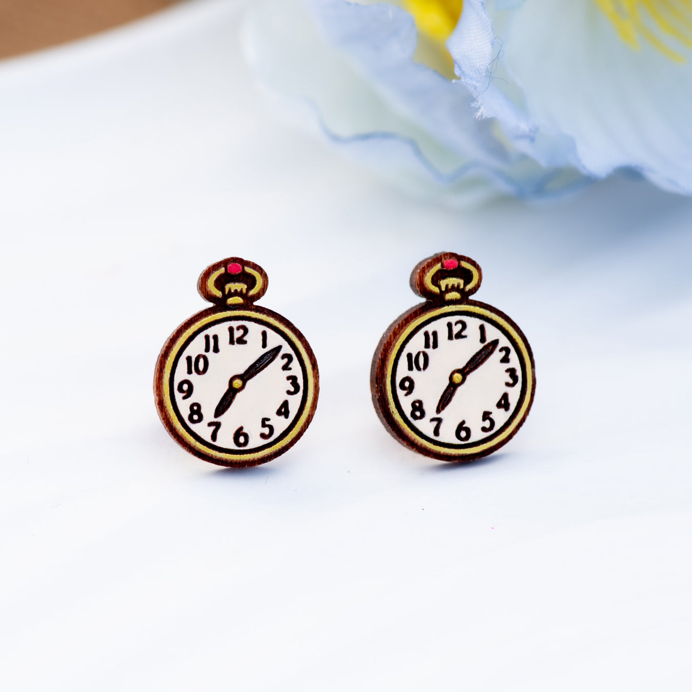 Hand-painted Alice In Wonderland Clock Stud Wooden Earrings – Robin ...