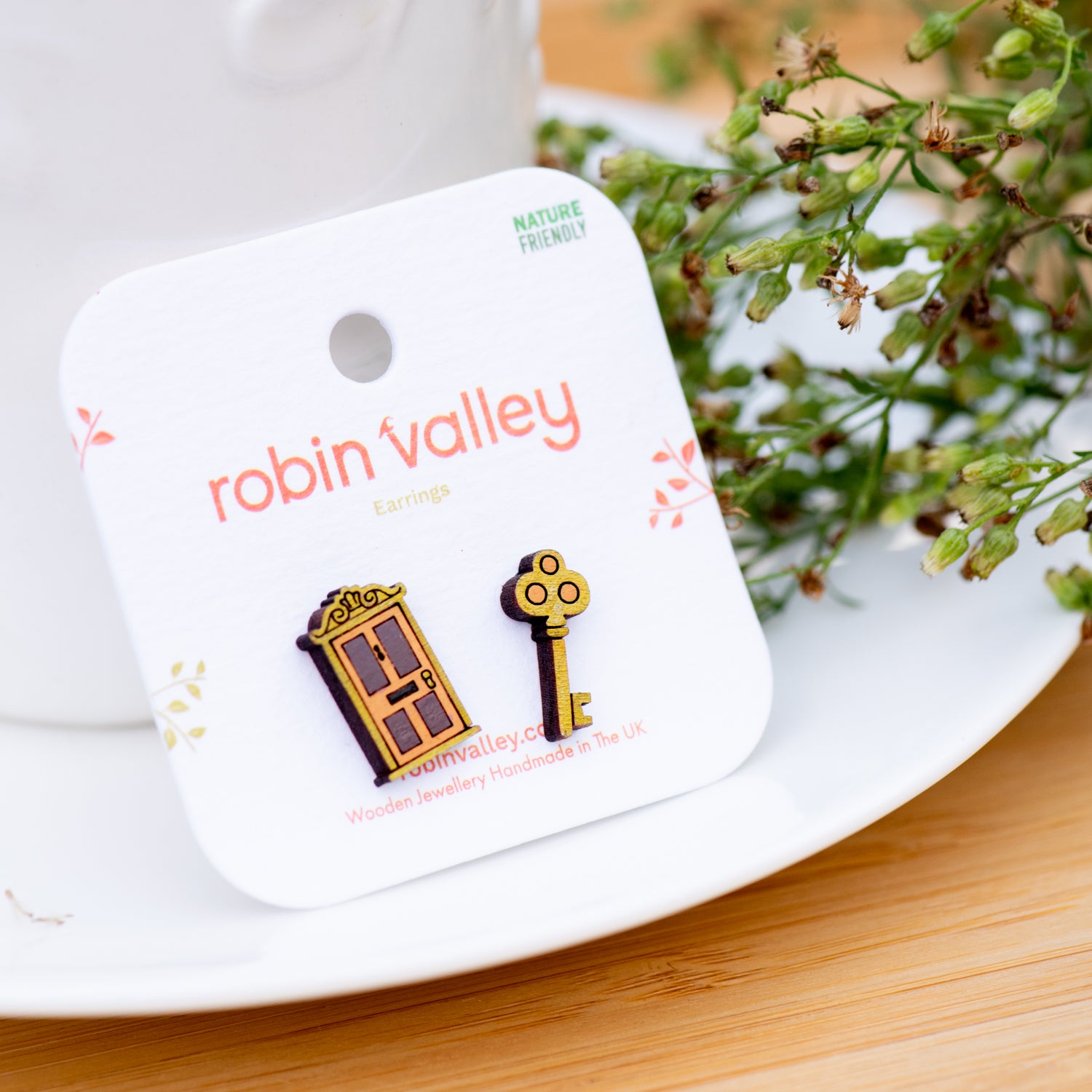 Hand-painted Alice In Wonderland Door and Key Stud Wooden Earrings ...