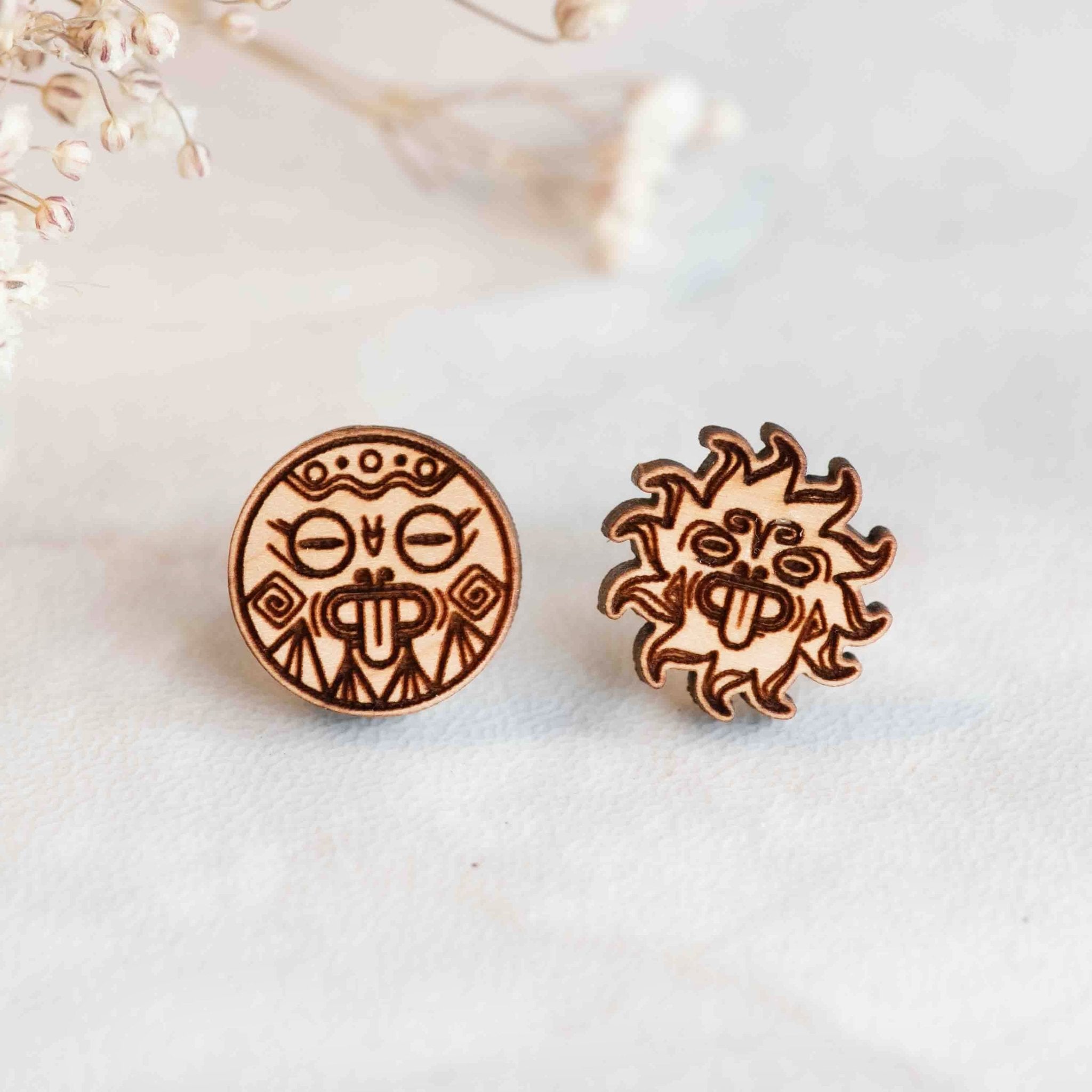 Aztec Sun and Moon Stud Earrings Wooden Jewellery - ET15109 – Robin ...
