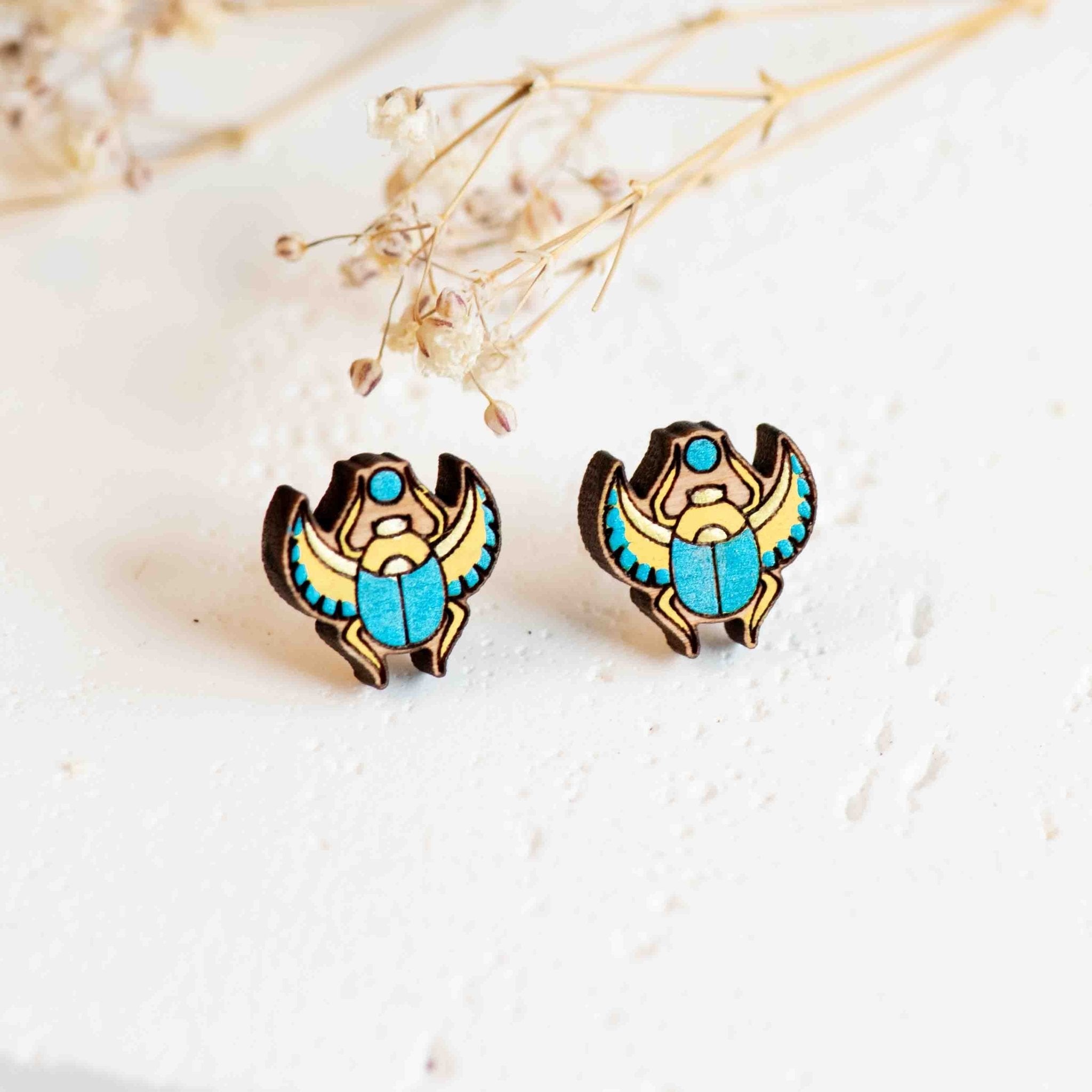 Hand-painted Egyptian Scarabs Wooden Earrings - PEO14102 – Robin Valley ...